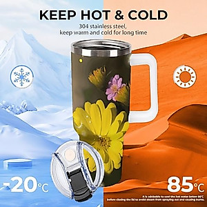LLUTSNTH 40 Oz Vacuum Tumbler with White Handle Leakproof Insulated Tumbler Yellow Butterfly And Flower Stainless Steel Travel Mug with Lid And Straw Coffee Cup Cute Water Bottles Cup Holder Friendly
