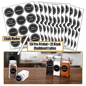 SWOMMOLY 14 Glass Spice Jars with 268 Spice Labels, Chalk Marker and Funnel Complete Set. Square Spice Containers 4oz Seasoning Bottles, Airtight Cap, Pour/sift Shaker Lid.