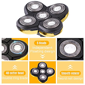 Shaver Blade Heads, 5 Heads Beard Cutter Replacement Blade Easy Install Electric Razor Shaver Head for Head and Face (Gold)