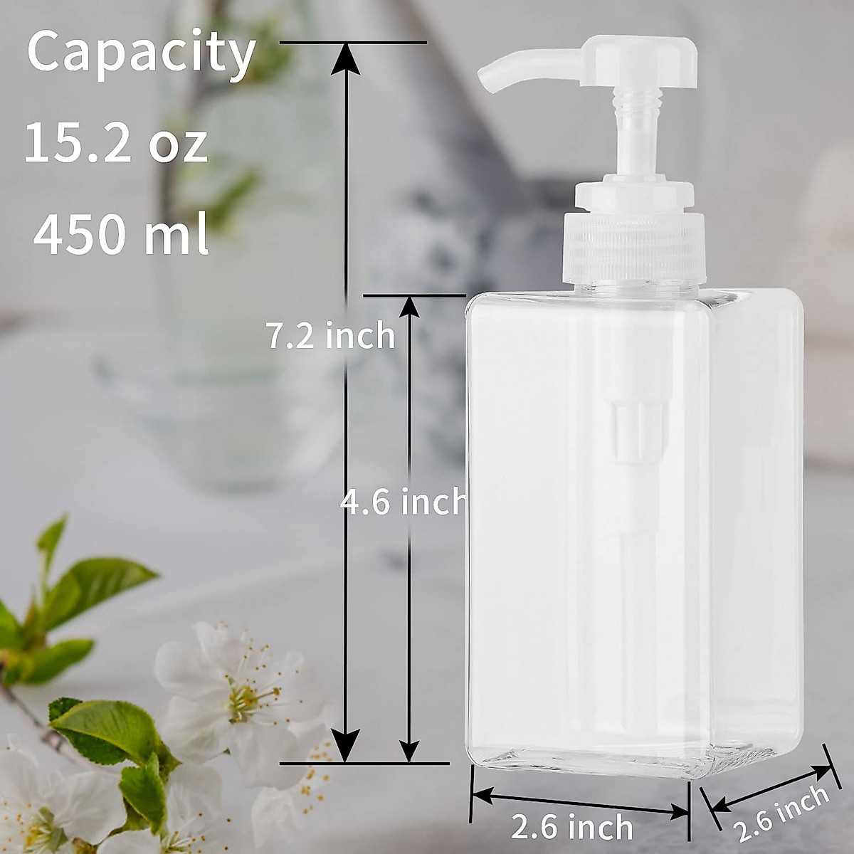 450ml (15.2oz) Pump Bottle Dispenser Jansburg 2Pack Refillable Square Plastic Lotion Dispenser Empty Lotion Pump Bottle for Essential Oil Soap Lotion Shampoo, Bathroom/Kitchen/Travel Clear