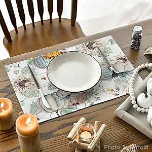 Artoid Mode Pumpkins Leaves Floral Fall Placemats Set of 4, 12x18 Inch Seasonal Autumn Thanksgiving Table Mats for Party Kitchen Dining Decoration