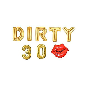 AnnoDeel DIRTY 30 Foil Balloons, 16inch Gold DIRTY 30 Letter Red Lips Mylar Balloons for Girl Sweet 30th Thirty Birthday Party Decor