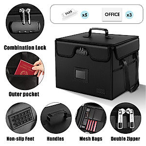 AMBOR File Box with Lock, Fireproof Document Box with 5 Tabs, Collapsible File Organizer with Handle for Letter & Legal Size Folder/Certifications/Books/Toys Storage, Black
