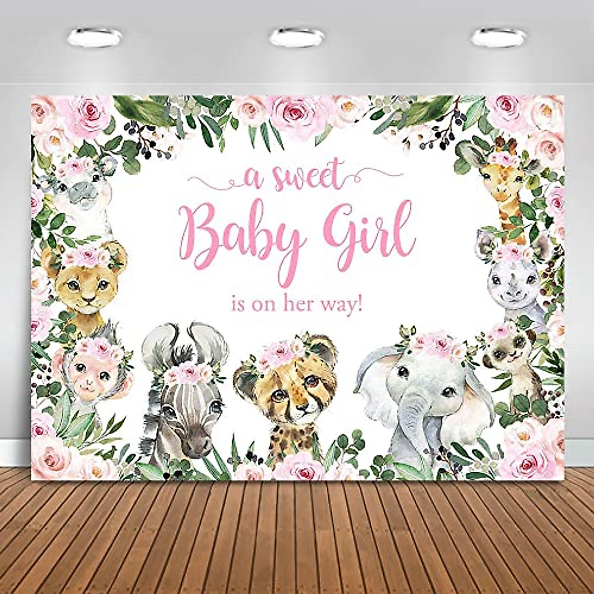 Mocsicka Girl Safari Baby Shower Backdrop Jungle Animals Sweet Baby Girl Background Pink Floral Greenery Baby Shower Party Cake Table Decoration Photo Booth Props (7x5ft)