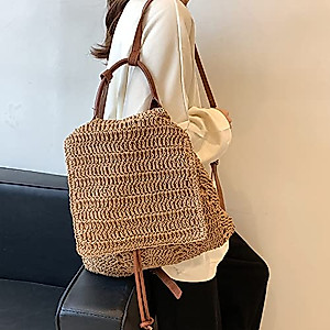 OWGSEE Summer Handmade Woven Crochet Straw Backpack Flap Drawstring Boho Backpack Purse for Women Vacation (Khaki)