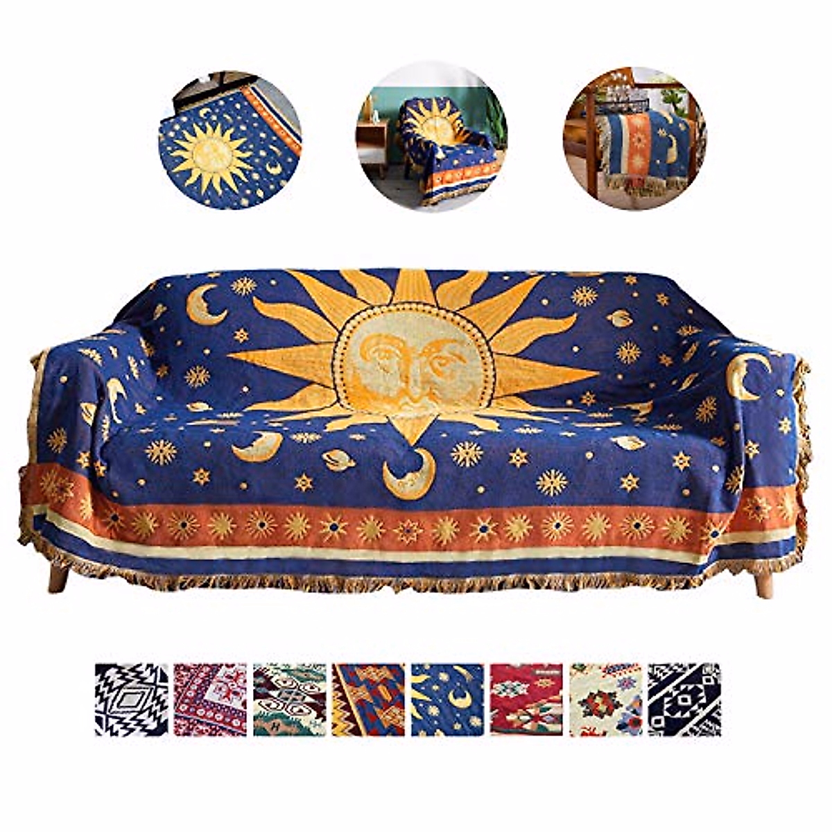 Boho Throw Blanket for Couch, Soft Woven Cotton Jacquard Tassels Throw Blankets for Bed Bohemian Couch Sofa Chair Slipcover Bedspreads Knitted Rug Bed Couch Protector Case for Home Office Decor