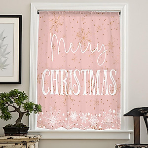 Merry Christmas Semi Sheer Curtains Drapes for Living Room, Bedroom, French Doors Window 96 Inches Long, Rod Pocket Chiffon Curtain Drapery Voile Draperies Panel Blush Pink Gold Winter Snowflake