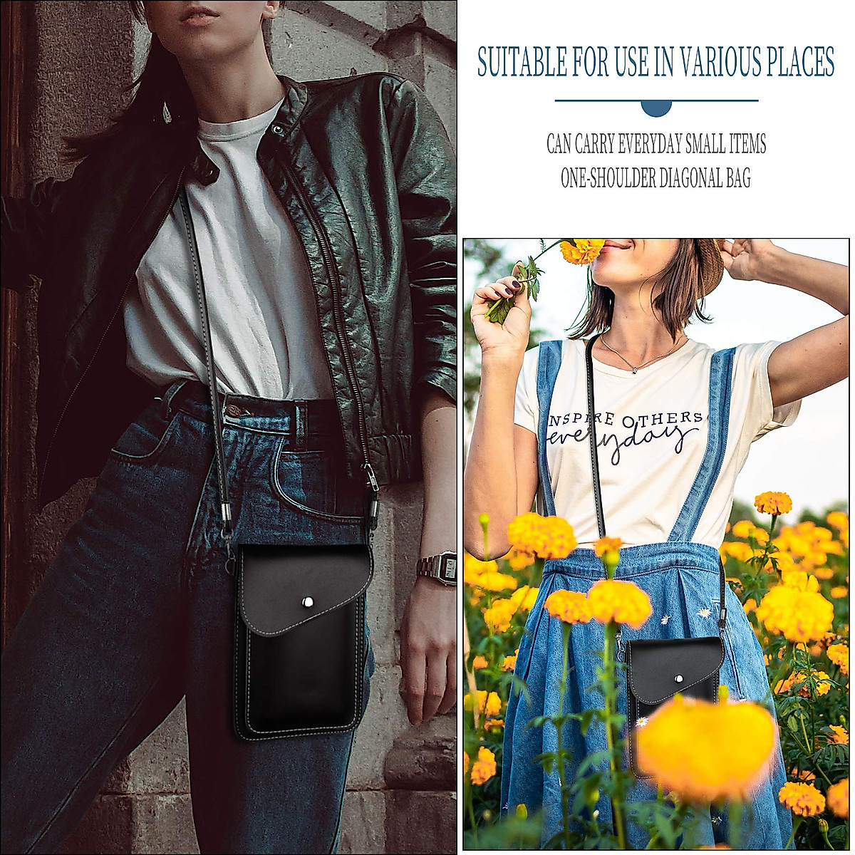 PG6 Roomy Pockets Series Small Travel Crossbody Leather Bags Cell Phone Purse Wallet, Black, One Size