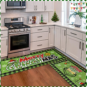 DIFKLMOX Merry Christmas Kitchen Rugs Kitchen Mat Set of 2, Christmas Red & Green Kitchen Decoration, Non Slip Absorbent Kitchen Mats for Floor Washable Runner Rug for Sink, Laundry Room