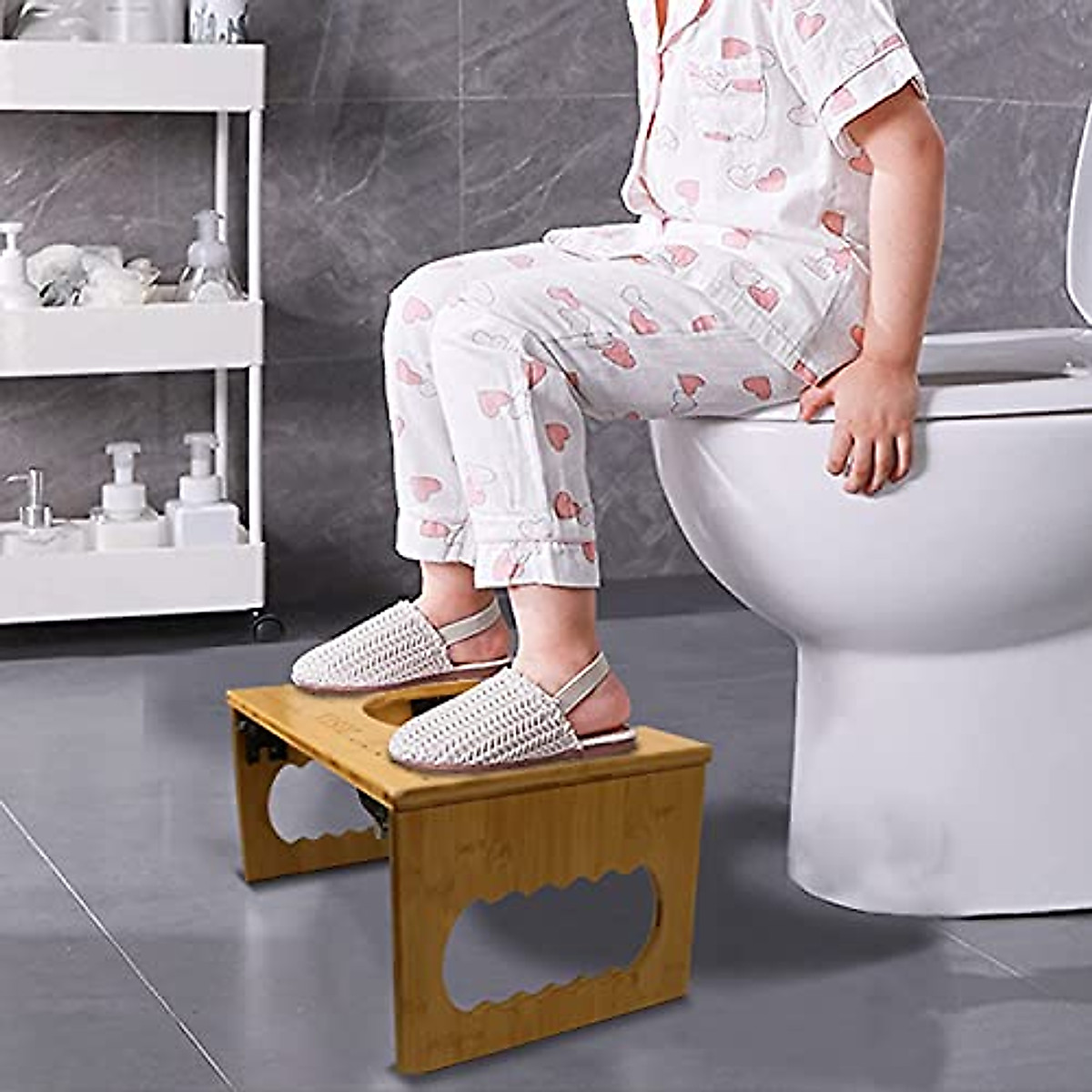 ZOSTA Squatting Toilet Stool, Bamboo Toilet Potty Step Stool, Foldable Poop Stool with Non-Slip Mat for Adult & Kids, 8.1” Bathroom Squatting Urinal Fit All Toilets, No Installation, Natural Color