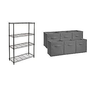 Amazon Basics 4-Shelf Adjustable, Heavy Duty Storage Shelving Unit, Steel Organizer Wire Rack, Black (36L x 14W x 54H) & Collapsible Fabric Storage Cubes Organizer with Handles, Gray - Pack of 6