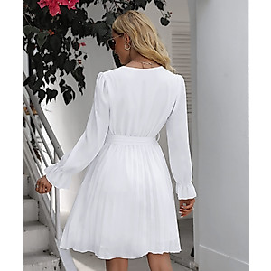 Kenaque Womens Long Sleeve V Neck Dresses for Wedding Guest Ruffle Lantern Sleeve Pleated Mini Dress with Belt Off-White