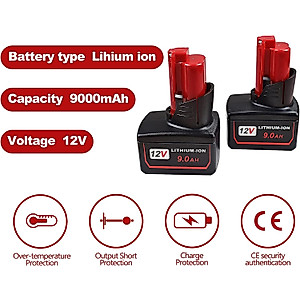 CHAUNVEN Battery 12V 9.0Ah M12 Battery Replacement for Milwaukee M12 Battery 48-11-2440 48-11-2402 48-11-2411 fit M12 12-Volt Cordless Tools 2 Pack