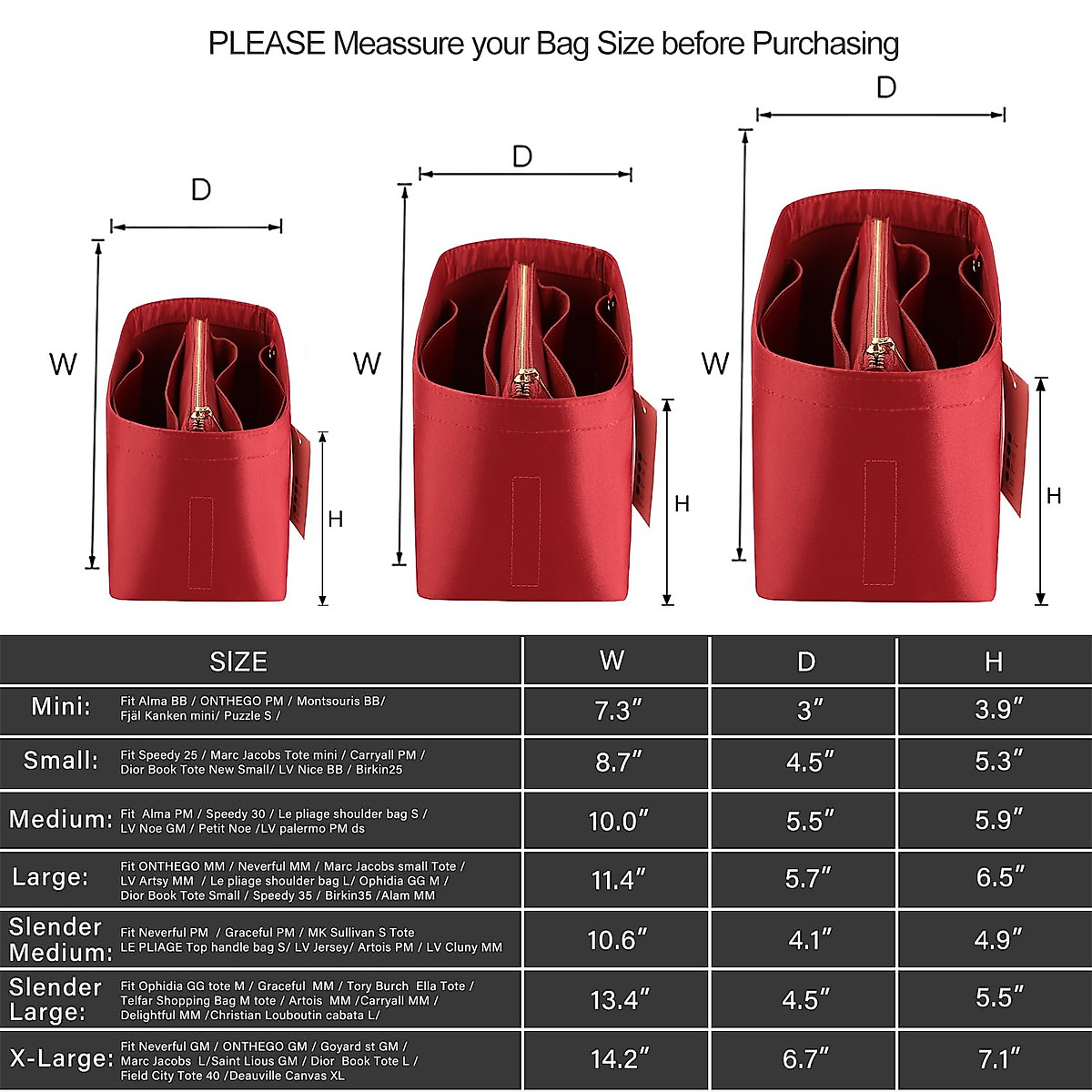 Purse Organizer Insert For Handbags, Purse Organizer With Zipper, Neverfull Organizer, Bag Organizer For Speedy Neverfull ONTHEGO Tote, Handbag and More (Silky Red, X-Large)