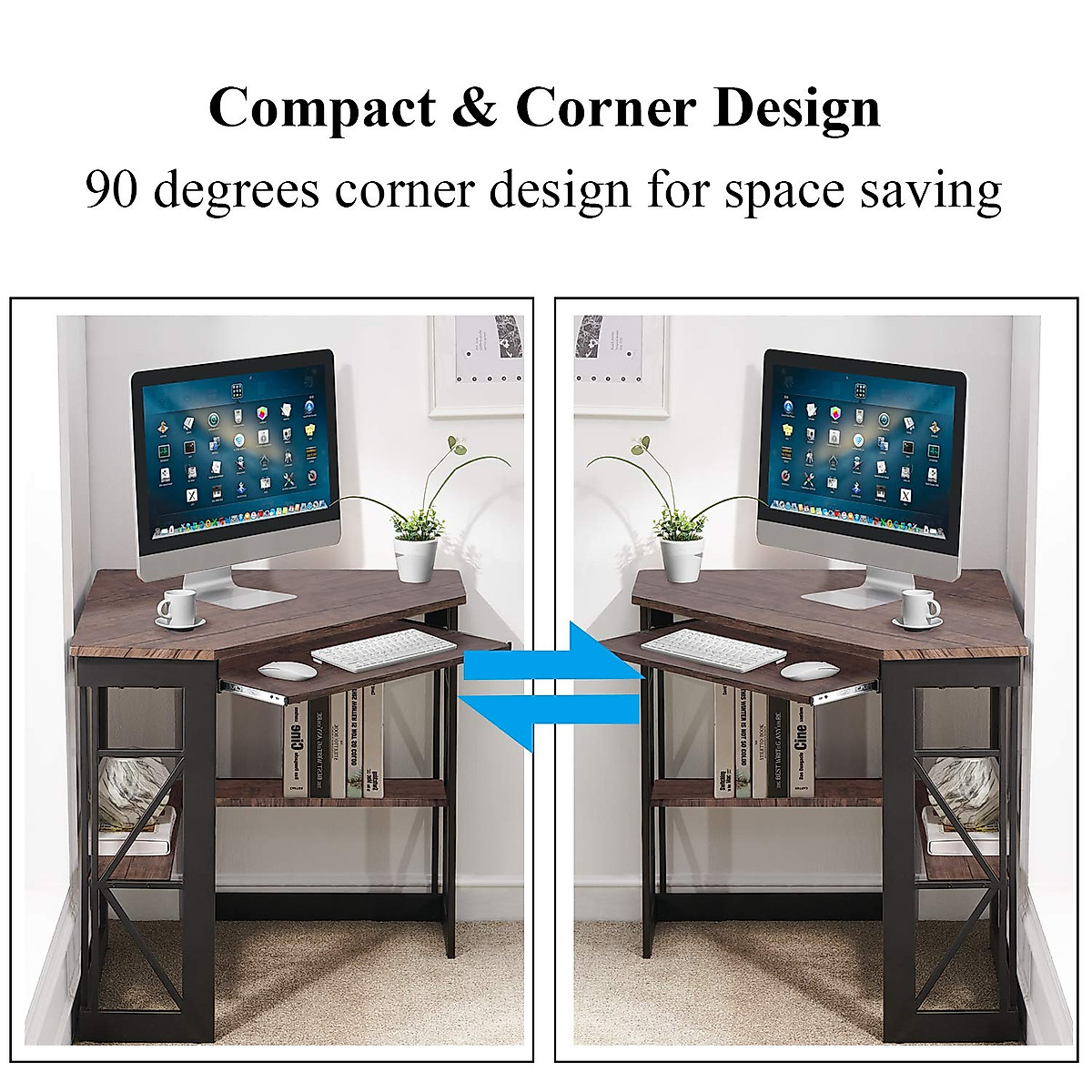 VECELO Corner Computer Desk 41 x 30 inches with Smooth Keyboard & Storage Shelves for Home Office Workstation,Rustic Brown