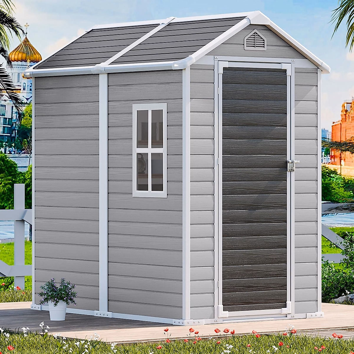 CDCASA 6x4 FT Resin Storage Shed, Waterproof Outdoor Shed with Floor & Lockable Door & Window & Vents Included, Plastic Tool Shed for Outside, Backyard, Patio, Poolside, Lawn, Dove Gray