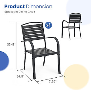 SUNSITT Patio Dining Chairs Set of 4, Aluminum Outdoor Dining Chairs with Faux Wood Slats, All-Weather Stackable Patio Chairs w/Armrests for Lawn, Porch, Garden and Deck, Black