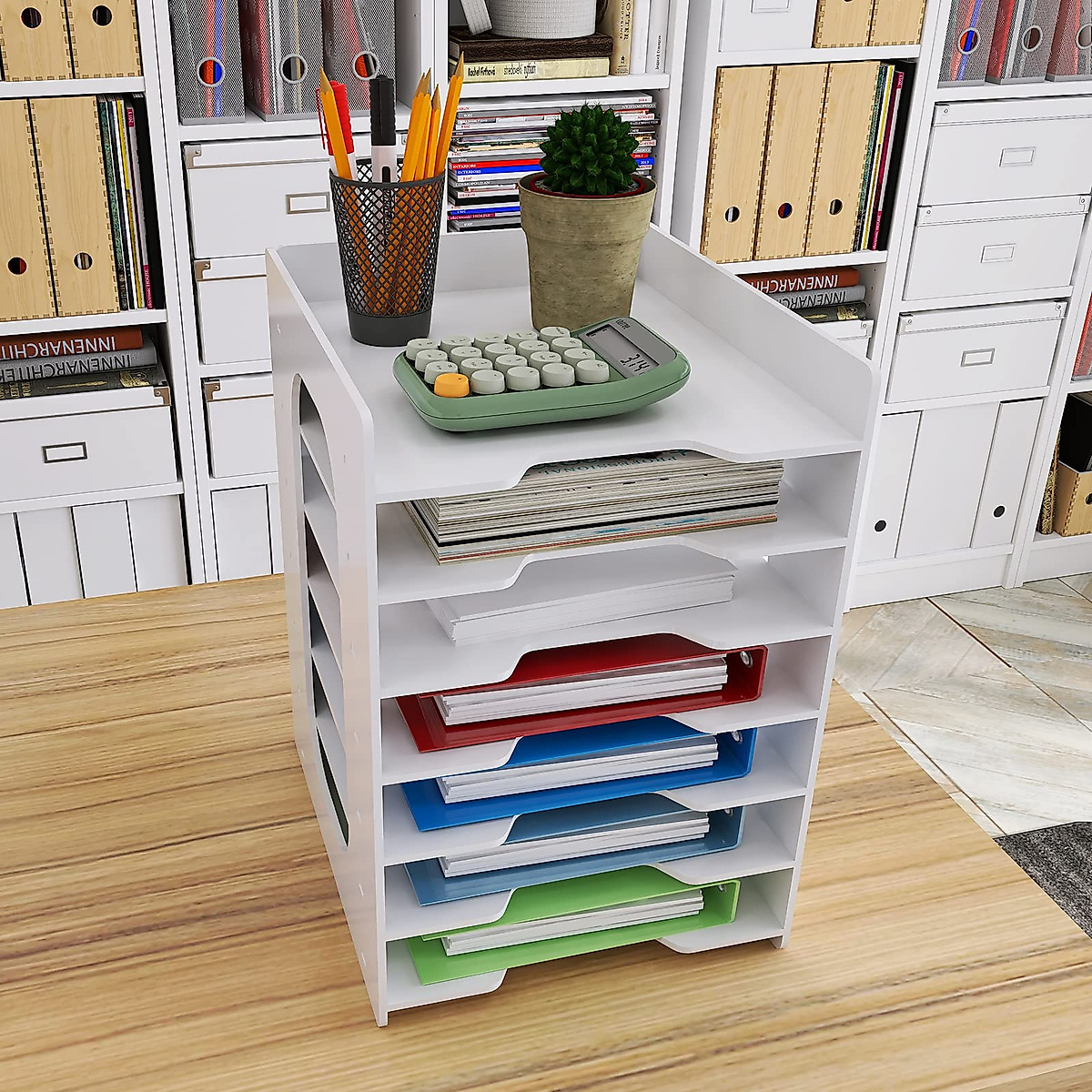 Natwind Office 7 Tiers File Paper Organizer for Desk Desktop White File Holder Office Desk Organizer Mail Letter Tray & Paper Sorter Document Notebooks Storage Rack for Home Office School Classroom