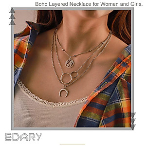 Edary Boho Layered Necklace Moon Necklaces Map Pendant Silver Jewelry for Women(Silver)