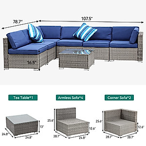 YITAHOME 7 Pieces Patio Furniture Set, Outdoor Sectional Sofa PE Rattan Wicker Conversation Set Outside Couch with Table and Cushions for Porch Lawn Garden Backyard(Gray+Blue)