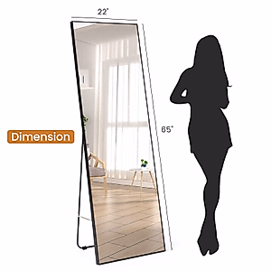 A.T.Lums Floor Mirror, 65" x 22" Full Length Mirror, Rectangle Stainless Steel Metal Frame with Stand, Modern Wall Mounted Mirror, Free Standing or Wall Mounted or Leaning Against Wall, Black
