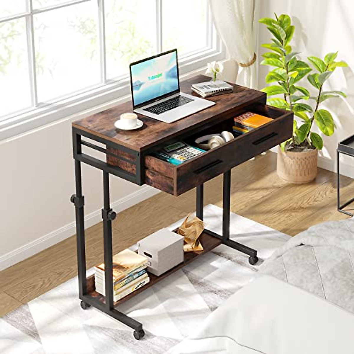 Tribesigns Portable Desk with Drawers, Mobile Laptop Desk with Wheels, Couch Desk Sofa Side Table Bed Desk, Small Standing Desk for Home Office
