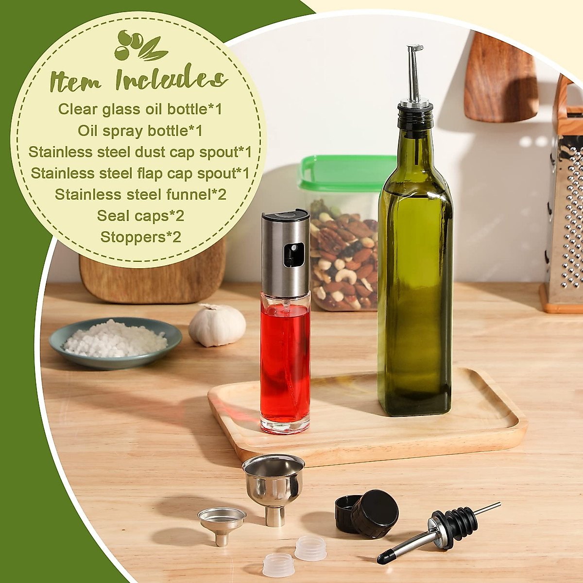 NETANY Olive Oil Dispenser 17 OZ and Oil Sprayer Bottle 100 ML for Cooking Set - Green Oil and Vinegar Cruet Bottle Set for Kitchen - Glass container with Drip-Free Stainless Steel Spout