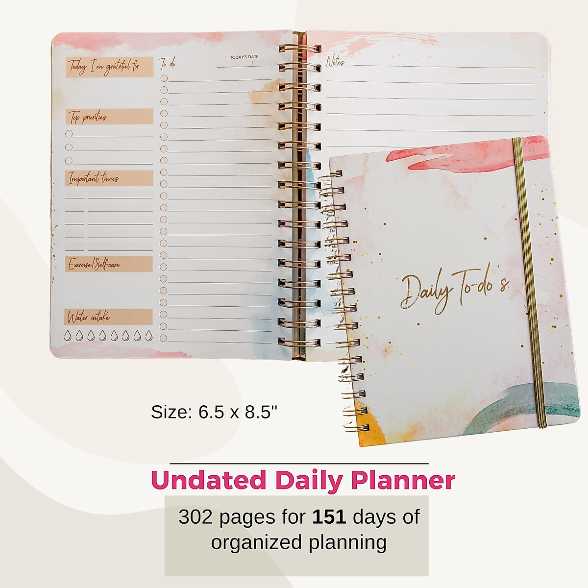 Undated Daily To Do Notebook - Planner Notepad List 6.5x8.5" Cute Colorful Design- Laminated Hard Cover & Rose Gold Spiral Binding- 302 Pages- Daily Task & Lined Notes Pages