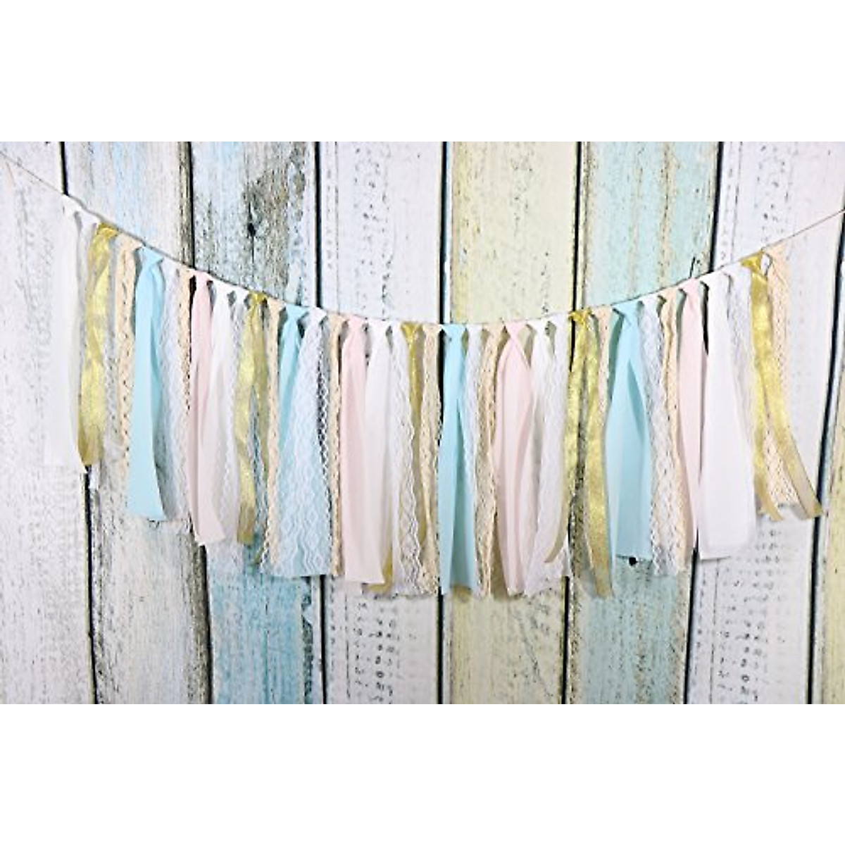 Fabric Tassel Garland Rag Tie Garland Shabby Chic Blush Banner for Wedding Decor Baby Shower Party Decor Home Decor Wall Hanging Boho Decor Birthday Banner (Pink+Gold+Blue)