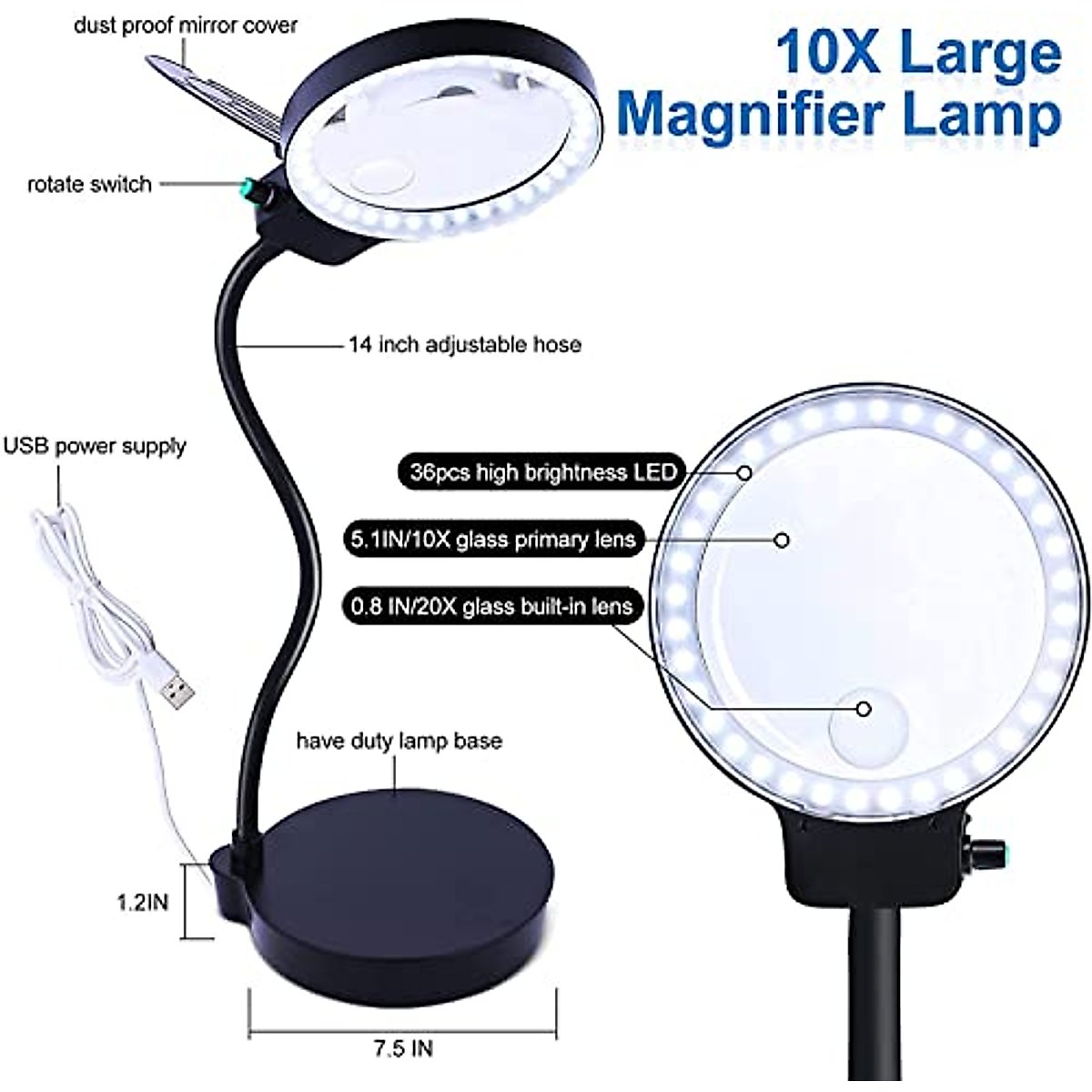 Magnifying Glass with Light and Stand, 10X 20X Magnifying Desk Lamp with Brightness Stepless Dimmable , Adjustable Gooseneck for Reading, Close Work, Hobbies