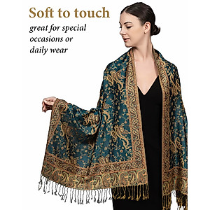 Achillea Soft Silky Reversible Paisley Pashmina Shawl Wrap Scarf w/Fringes (Dark Seagreen)