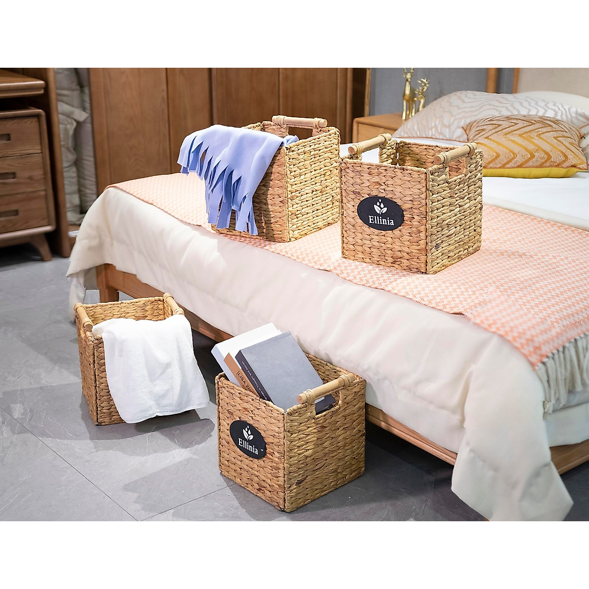 Ellinia Wicker Storage Basket, Water Hyacinth Storage Cube for Shelves, Large Woven Laundry Organizer, Hand Woven Storage Bins, 11 x 11 x 11.8 Inch, 4 - Pack