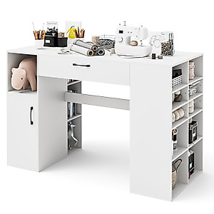 COSTWAY 36” Counter Height Sewing Table, 53 Inch Artwork Craft Table with 14 Open Compartments, 3-Position Adjustable Shelf, 1 Drawer & Cabinet, Project Center Desk Drafting Sewing Workstation, White