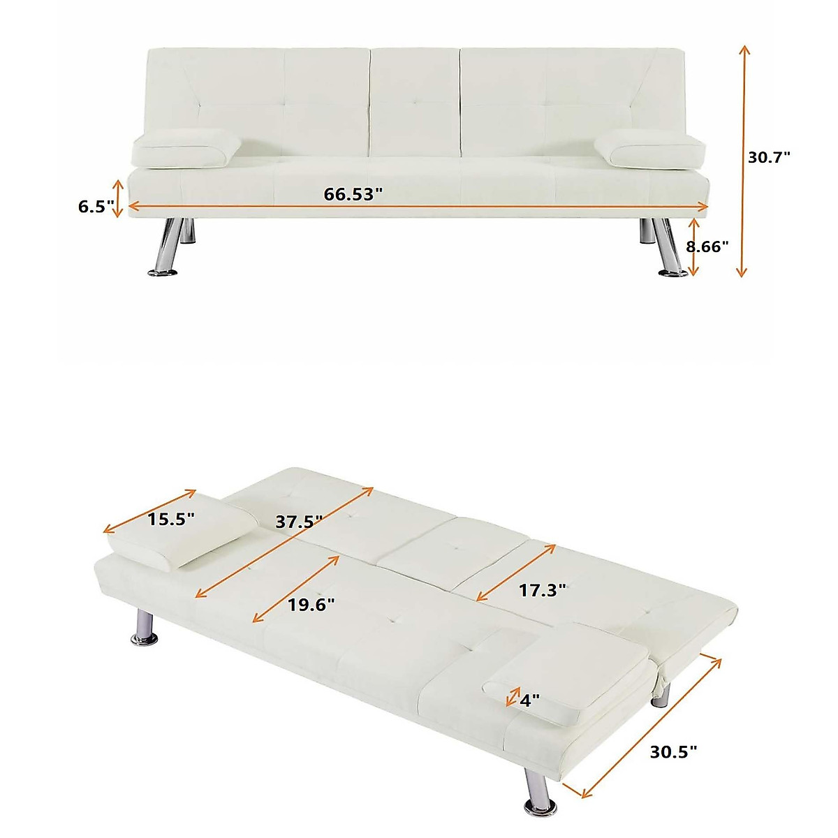 100% Fabric Linen Upholstered Futon Sofa Bed with 2 Cupholders/Legs/Removable Armrest, Modern Convertible Sleeper Couch, Upholstered Loveseat for Small Spaces, Memory Foam Living Seat, Brown