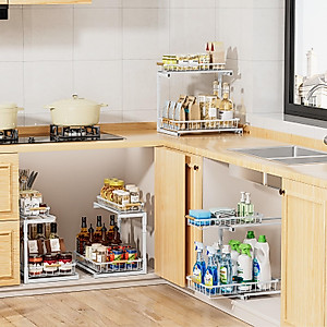 Delamu 2 Pack Under Sink Organizer and Storage, 2 Tier Pull Out Cabinet Organizer, Slide Out Under Sink Storage Shelf, Undersink Organizers Shelves for Kitchen Bathroom Pantry Organization