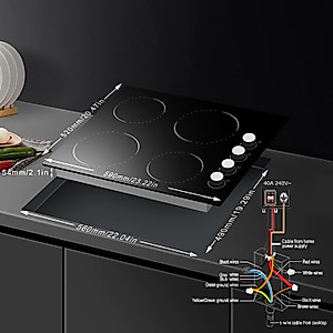 24 Inch Electric Cooktop Hobsir 4 Burners Built-in Radiant Electric Stove, 9 Heating Level, Residual Heat Indicator, Over-Temperature Protection, 220V-240V Hard Wire (No Plug)