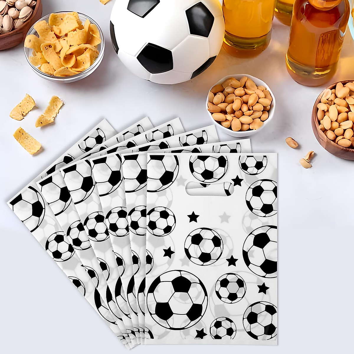 PEUTIER 50pcs Soccer Gift Bags, Plastic Soccer Party Bags Soccer Goodie Goody Snack Treat Candy Bags Soccer Present Party Favor Bags for Team Kids Teens Games Sports Events Supplies (White)