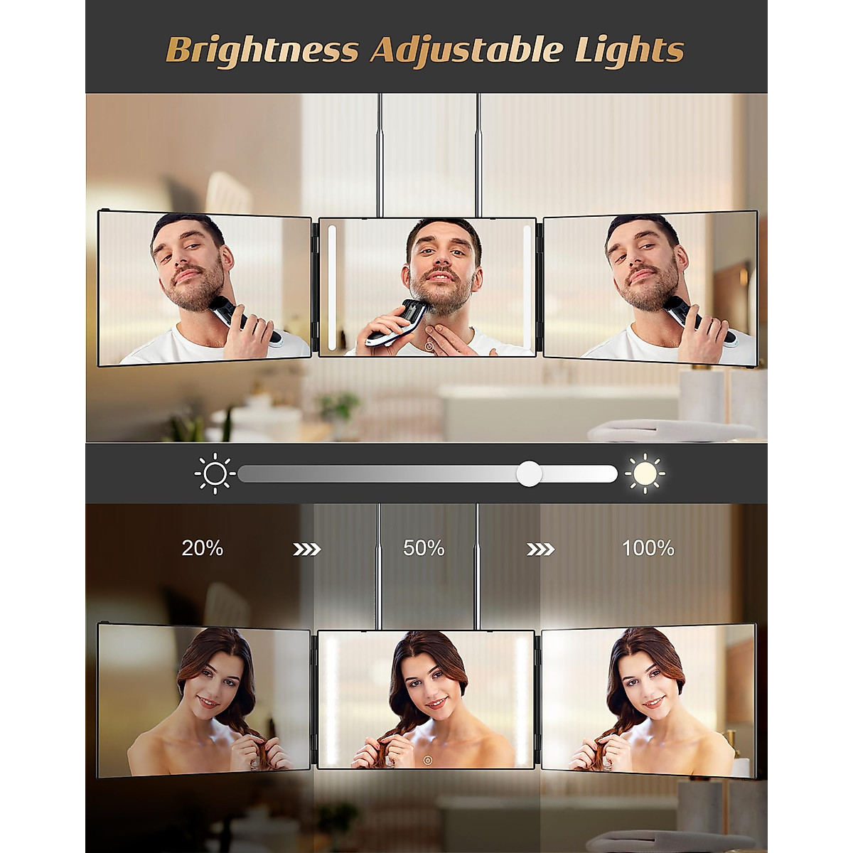 JUSRON 360 Viewing Angle Self Hair Cutting Mirror, Clear Anti-Fog HD Glass (Black with LED, with Accessories)