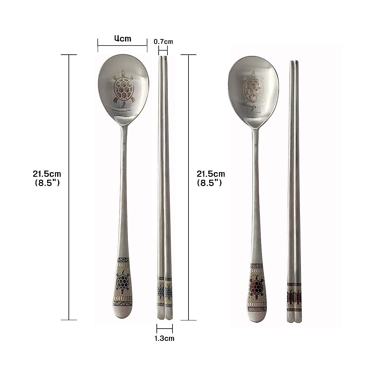 BALWOO [Made in Korea] Hologram Turtle Design Korean Table Sticky Rice Spoon and Chopsticks 304 Stainless Steel Flat Chopsticks Matt Surface Mukbang Cutlery (Blue)