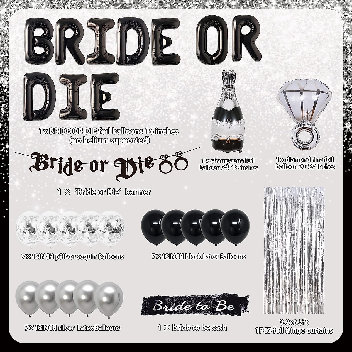 Bride or Die Bachelorette Party Decorations - Black and Silver Bride or Die Balloons,Banner Foil Curtain and Bride To Be Sash for Bridal Shower Engagement Wedding Bachelorette Party Supplies