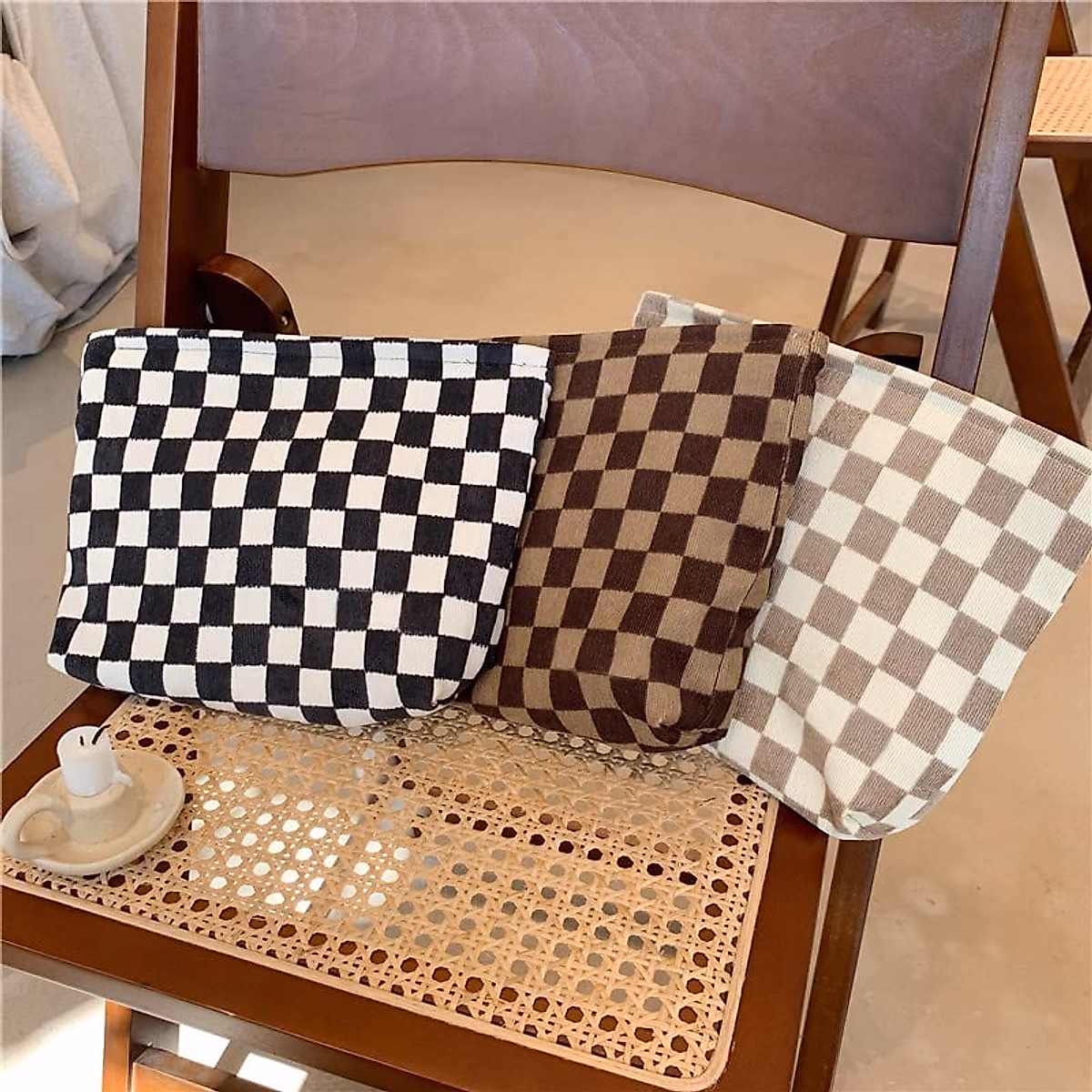 PAZIMIIK Makeup Bag Large Zipper Corduroy Make Up Pouch for Purse Travel Canvas Cosmetic Organizer for Women Brush Storage,Checkered Black