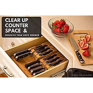 In-Drawer Bamboo Knife Block Holds 12 Knives (Not Included) Without Pointing Up PLUS a Slot for your Knife Sharpener! Noble home & chef Knife Organizer Made from Quality Moso Bamboo