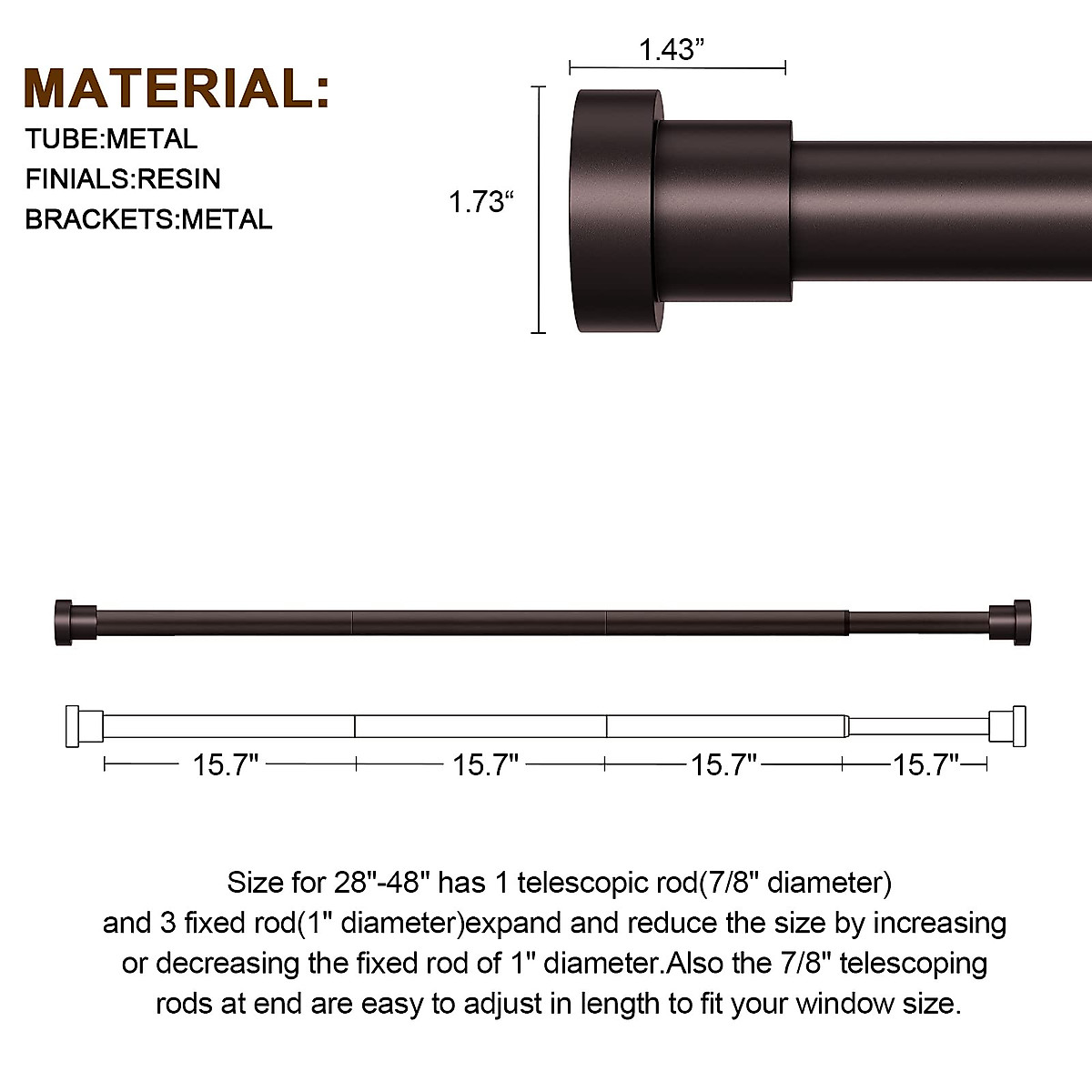 Briofox Bronze Curtain Rods for Windows 28 To 48 Inch, 1 Inch Heavy Duty Adjustable Curtain Rod With Modern Decorative End Cap Finials WIth Brackets【NOT TENSION ROD】