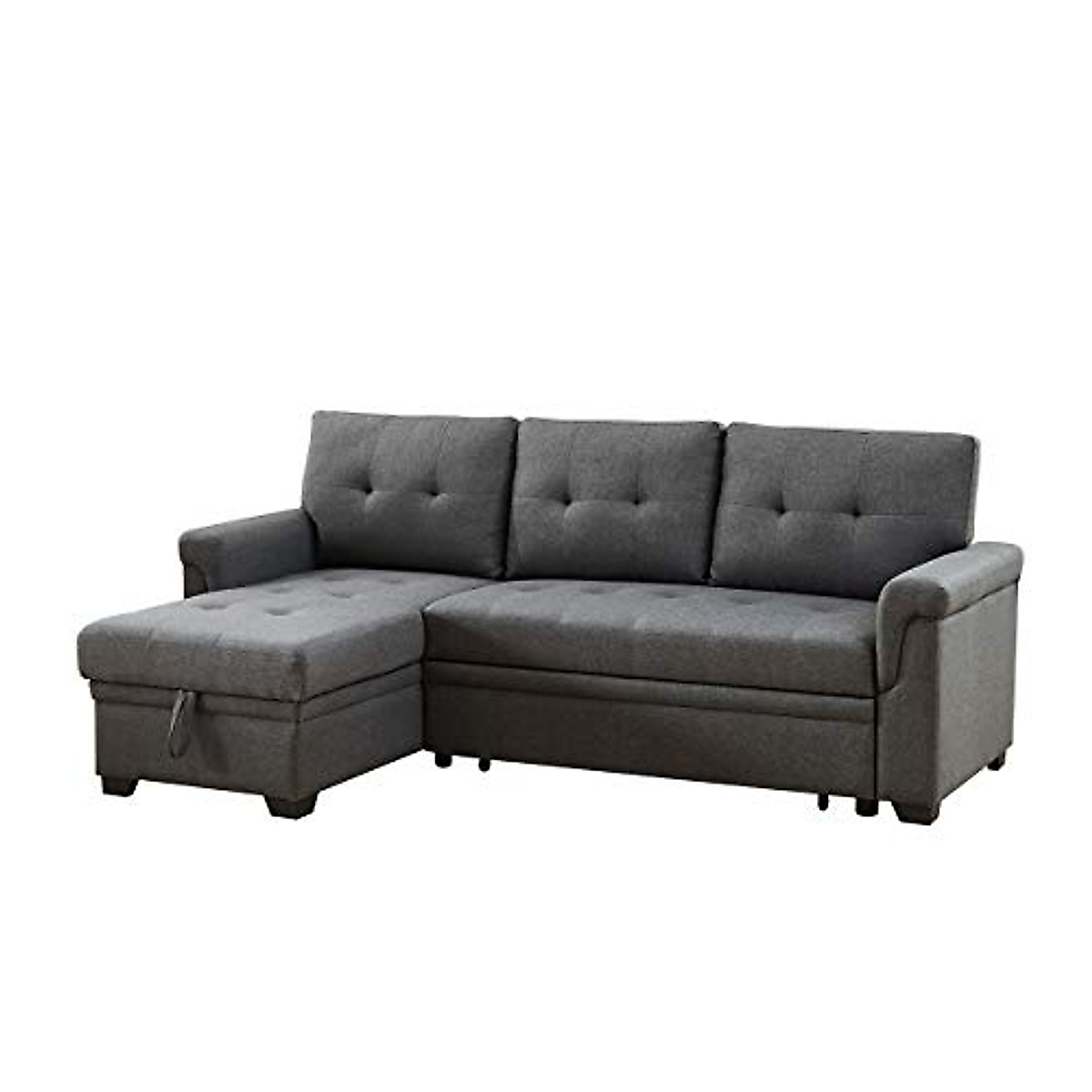 RITSU L-Shape Dark Gray Corner Couch with Storage Chaise, Linen Reversible Fabric Sleeper Sectional Sofa with Arms for Living Room, Apartment, Home Furniture, Dorm