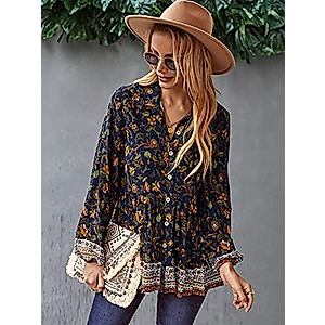 KAYWIDE Women's Casual Boho V Neck Top Loose Floral Printed Long Sleeve Beach Shirts Blouses (036-Blue, Large)