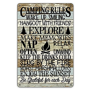 QIONGQI Funny Camping Rules Metal Tin Sign Wall Decor Farmhouse Rustic Camping Signs with Sayings for Home Camper Room Decor Gifts
