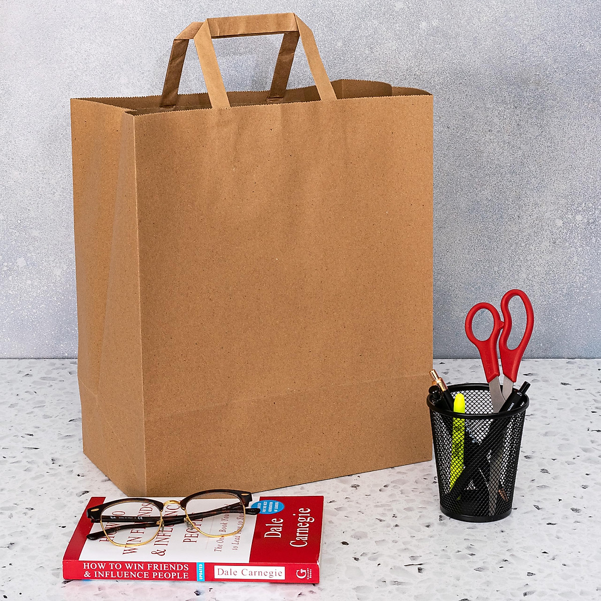 Prime Line Packaging Brown Paper Bags with Handles, Reusable Grocery Tote for Food, Takeout, Delivery, Shopping, Small Business, Bulk, 12x7x14 100 Pack