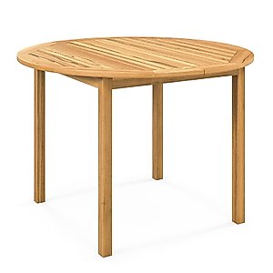 Tangkula Round Outdoor Dining Table, Acacia Wood 4-Person Large Dining Table, Farmhouse Patio Indoor Bistro Table, for Yard Deck Lawn Dining Room