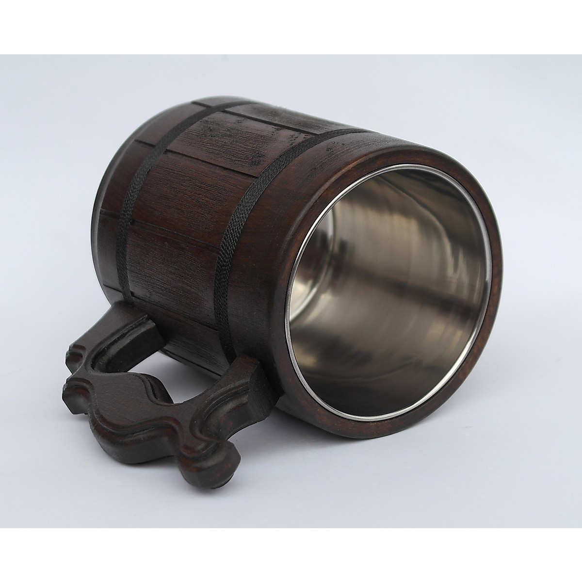 Etno Motif Handmade Wood Mug 20 oz Stainless Steel Cup Carved Natural Beer Stein Old-Fashioned Brown - Wood Carving Beer Mug of Wood Wooden Beer Tankard Capacity: 20oz (600ml) - Great Gift Idea