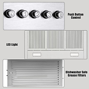 Zomagas 36 inch Range Hood, Wall Mounted Vent Hood in Stainless Steel, Ducted/Ductless Kitchen Hood w/Push Button Control, 3 Speed Exhaust Fan, 3 Pcs Baffle Filters, Energy Saving LED Light